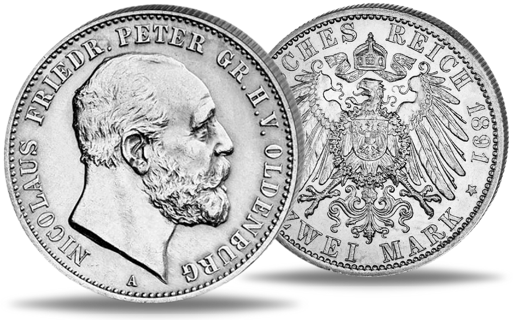 Großherzogtum Oldenburg, 2 Mark 1891, Großherzog Nicolaus Friedrich Peter (Jäger 93) - Silber ...