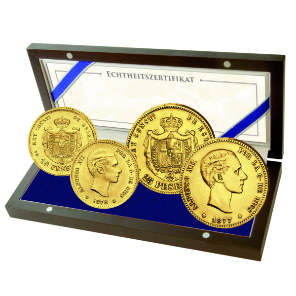 Königreich Spanien, 10 & 25 Peseten 1876-1880 (2 Münzen), König Alfonso ...