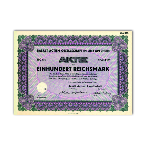 Aktie 100 Reichsmark Basalt-AG, Linz | Münzen-Versandhaus Emporium-Hamburg